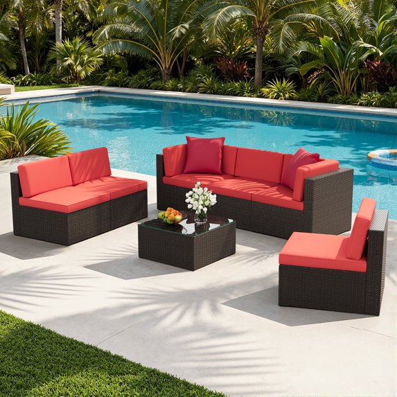 Lacoo 7 PCS Patio Outdoor Furniture Wicker Sectional Sofa with Cushion ...