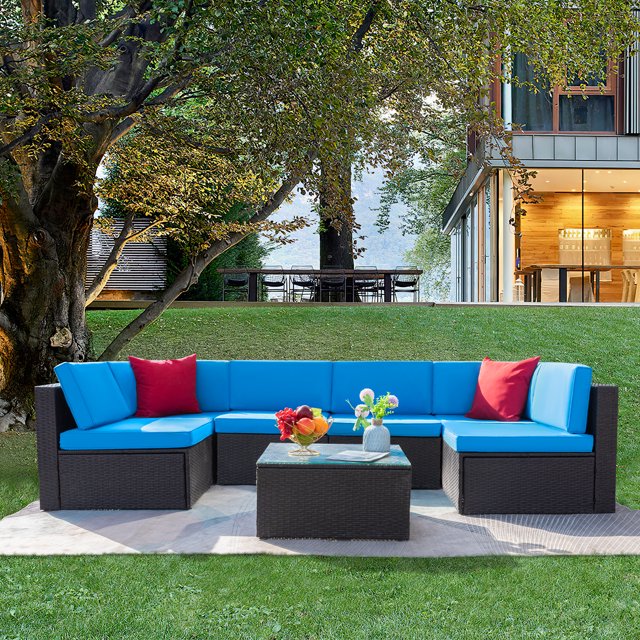 Lacoo 7pc Patio Conversation Sets, Sectional Sofa PE Rattan, Blue ...