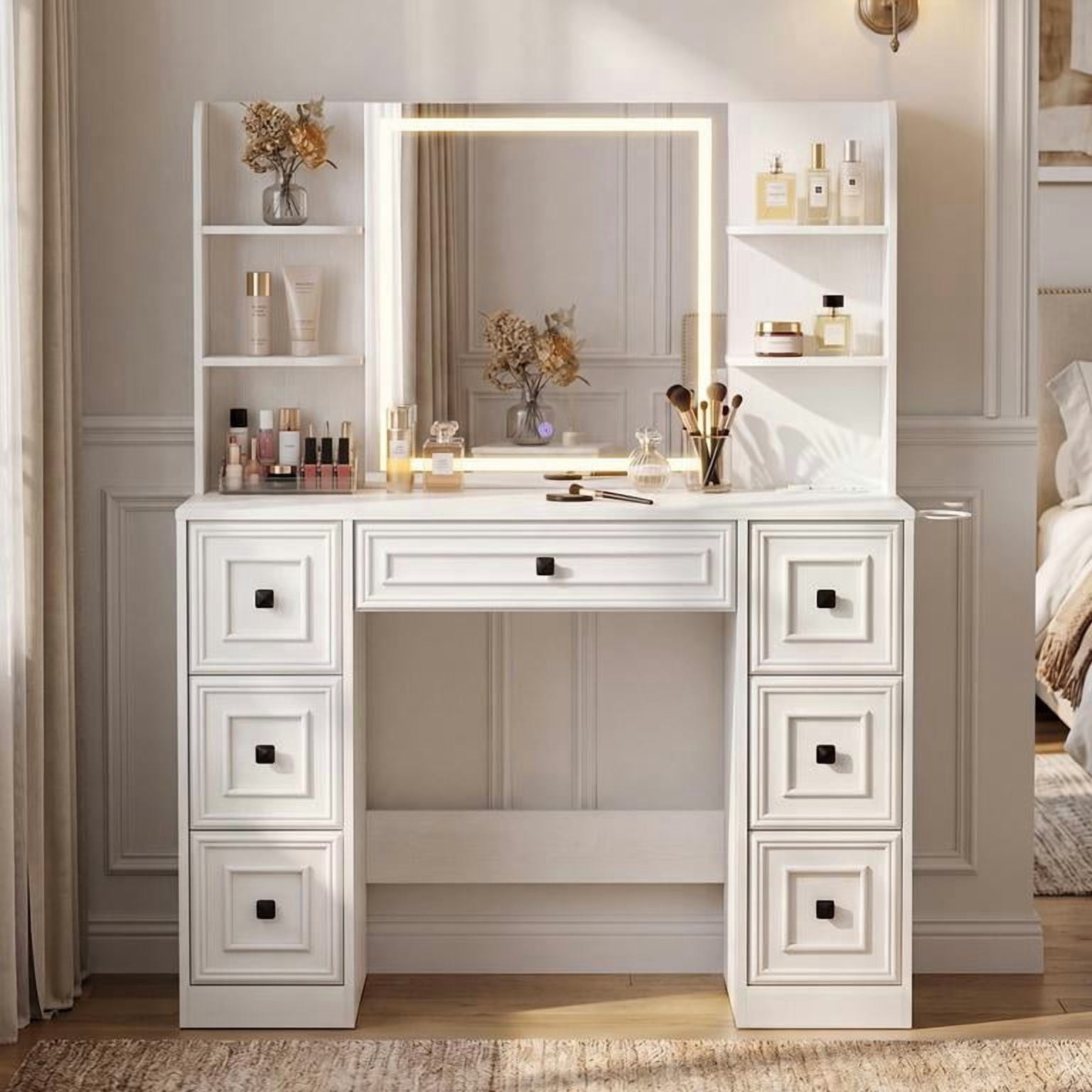 Lacoo Makeup Vanity Desk with LED Lighted Mirror & Charging Station, 7 ...