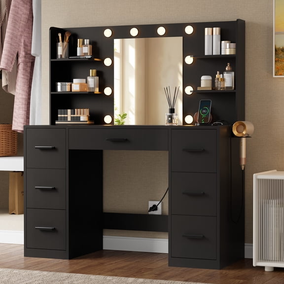 Vanity Desk with Mirror and 10 Lights, White Vanity with Power Outlet ...