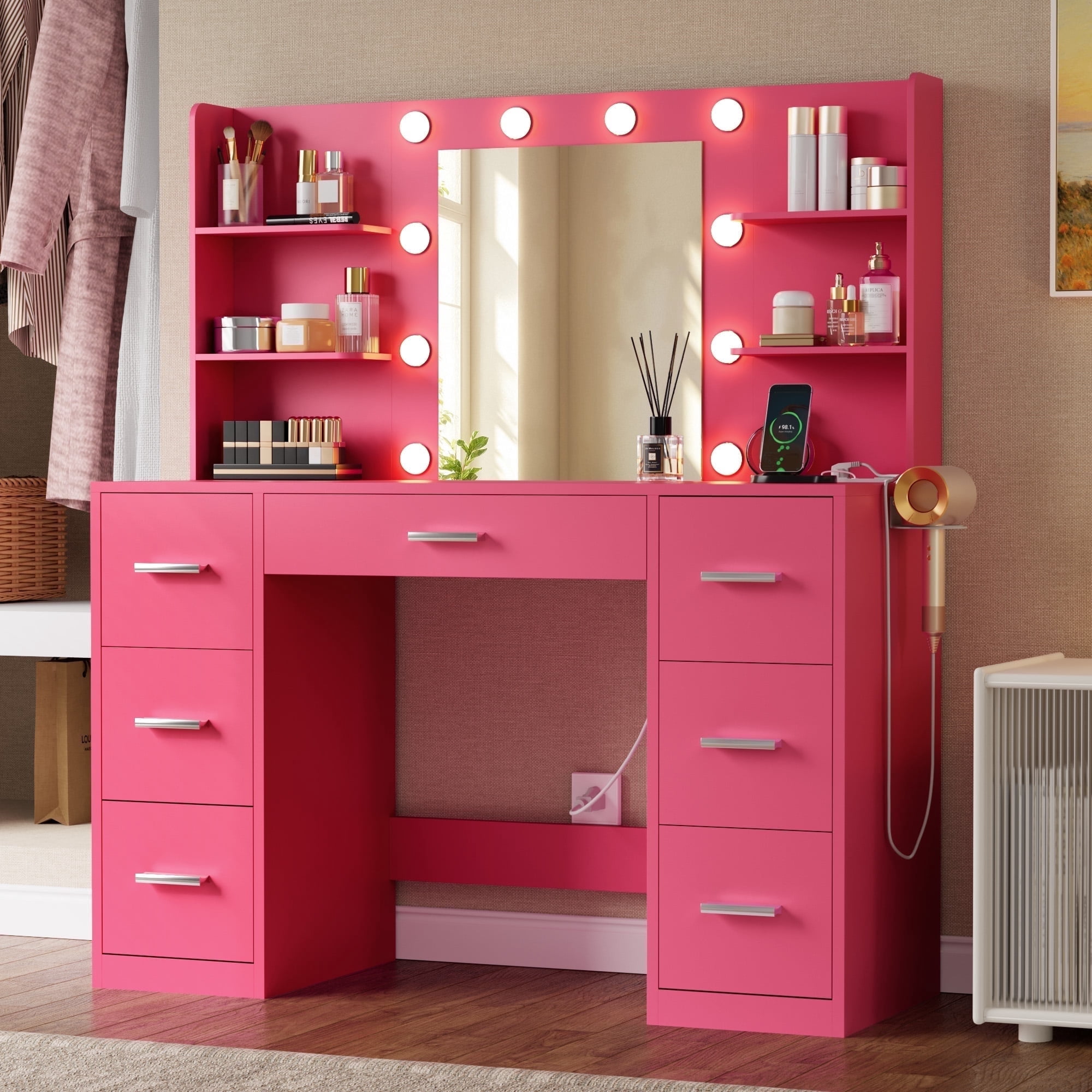 Lacoo Vanity Desk with Mirror and LED Lights, Makeup Vanity with 7 ...