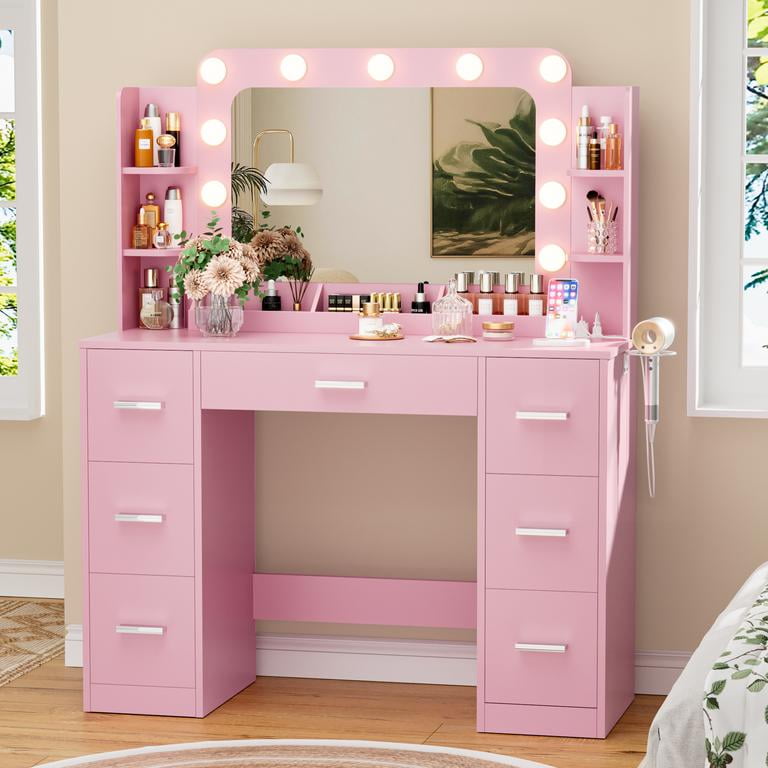 Lacoo Vanity Desk with Mirror & Lights, Makeup Vanity Set with 7 ...