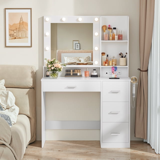 Lacoo Vanity Desk with Mirror and LED Lights, Makeup Vanity Table with ...