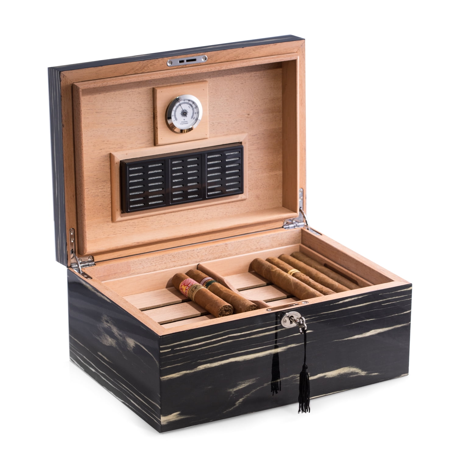 Lacquered "Ebony" Wood 100 Cigar Humidor with Removable Tray, Spanish ...