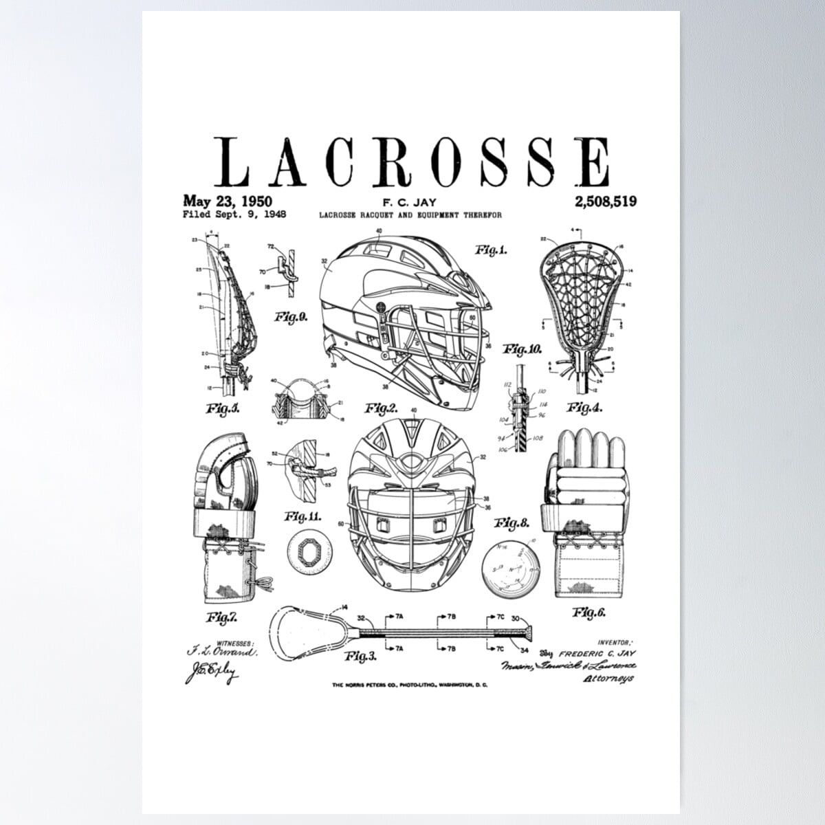 Lacrosse Player Equipment Vintage Patent Drawing Print Poster Wall Art ...