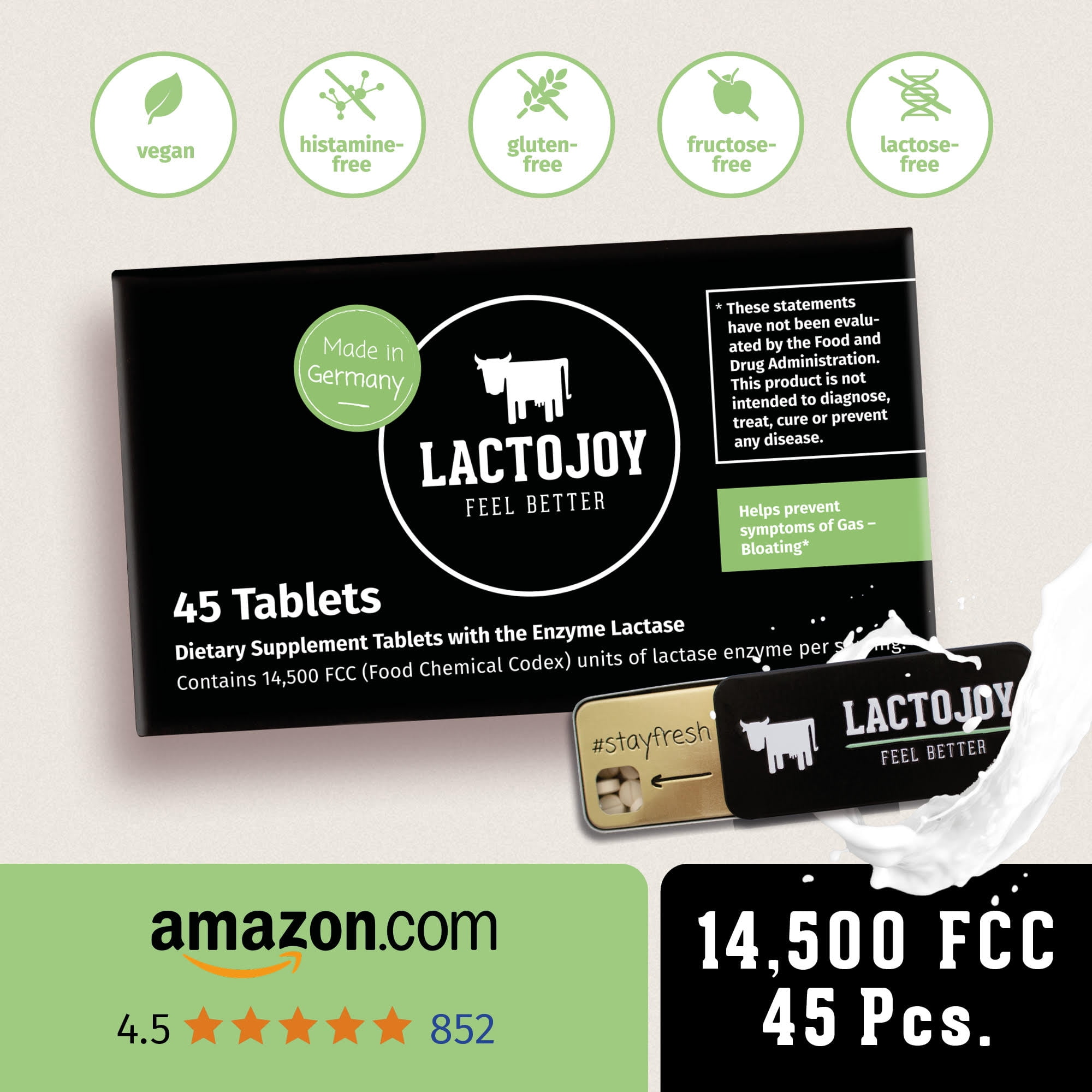 LactoJoy Lactase Pills 14.500 FCC - 45 Pieces - Powerful Lactase ...