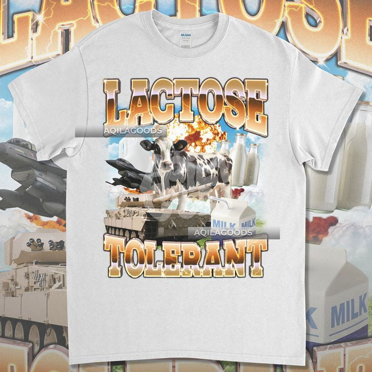 Lactose Tolerant Retro Cow Milk Collage Tee with Distinctive Bootleg ...