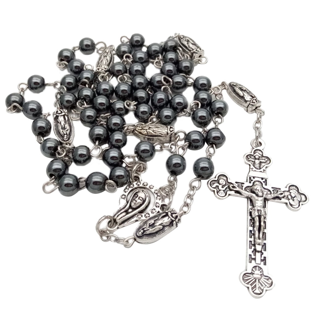 LadaidraBF Vintage Religion Rosary Necklace Hematite Stone Beads Chain ...