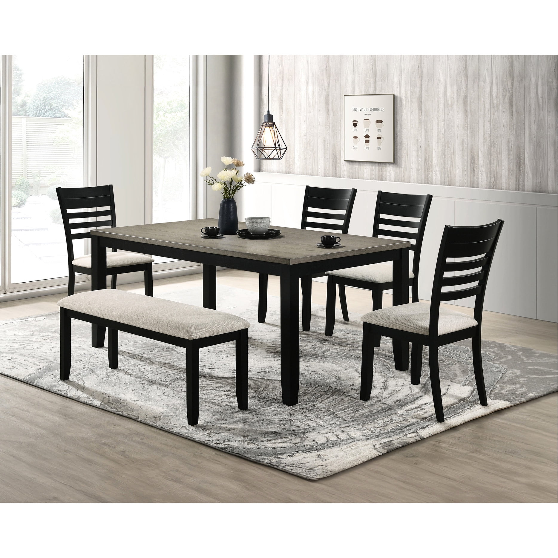 Ladder Back Chair - 6pc Dining Set with Black Finish - Dining Room for ...