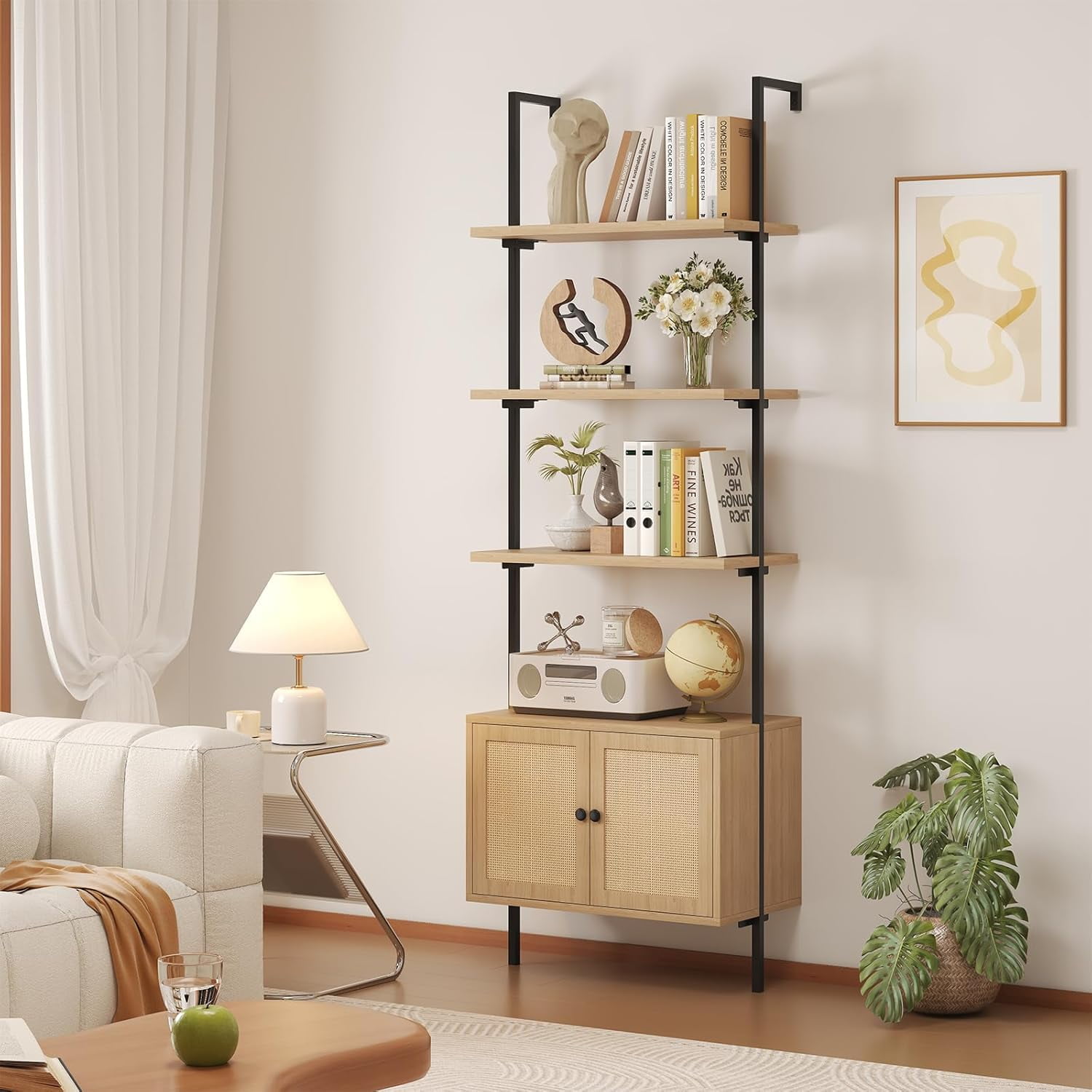 Ladder Bookshelf, 3 Tier Book Shelf with Rattan Cabinet, Wall Mount ...