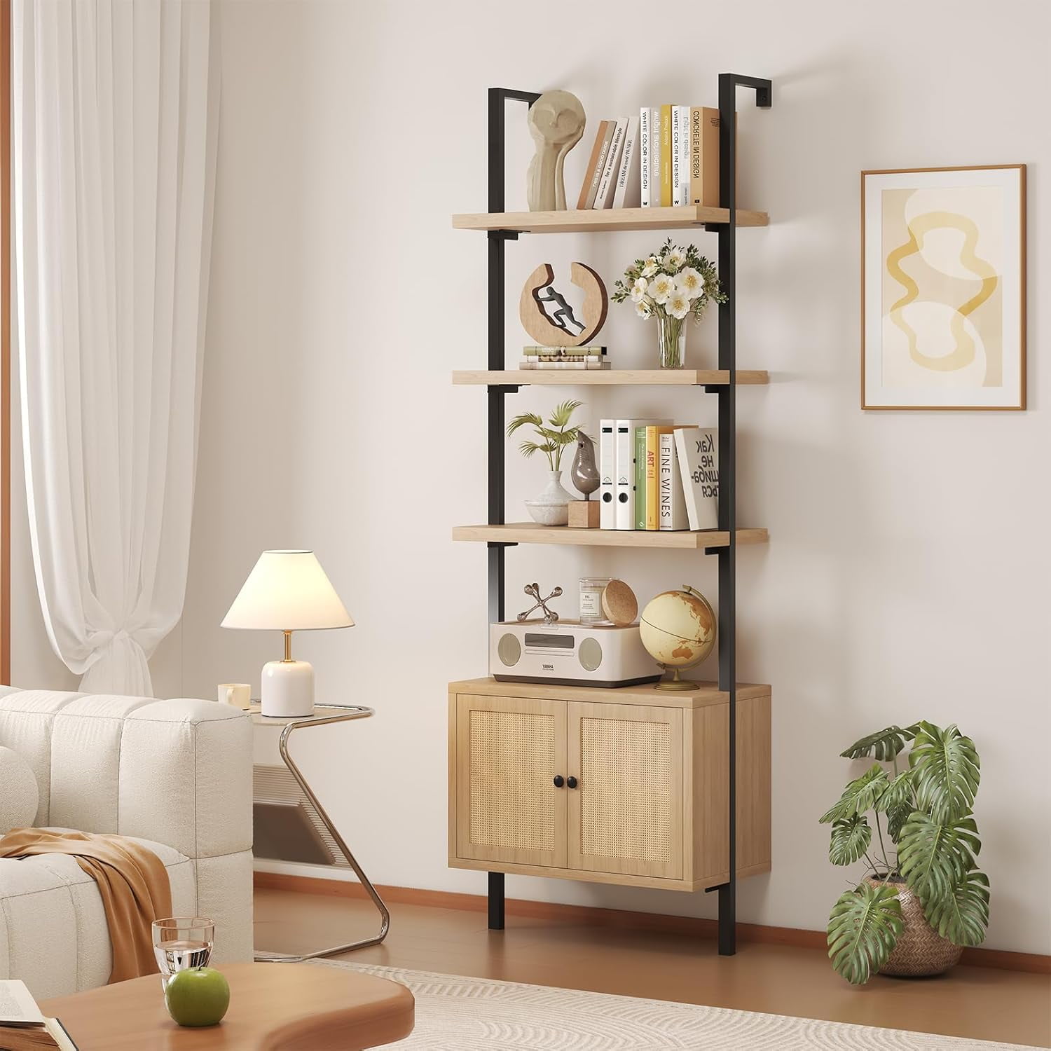 Ladder Bookshelf, 3 Tier Book Shelf with Rattan Cabinet, Wall Mount ...