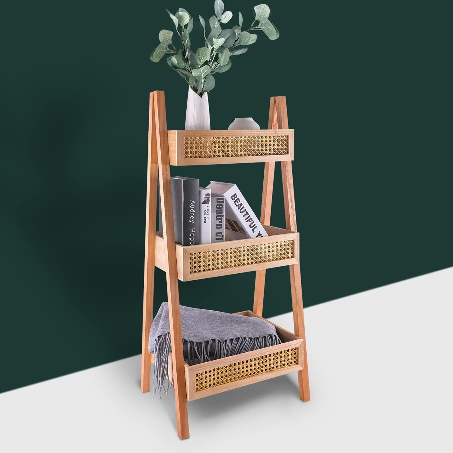 Ladder Bookshelf, 3-Tier Rattan Bookshelf, Free Standing Bookcase ...