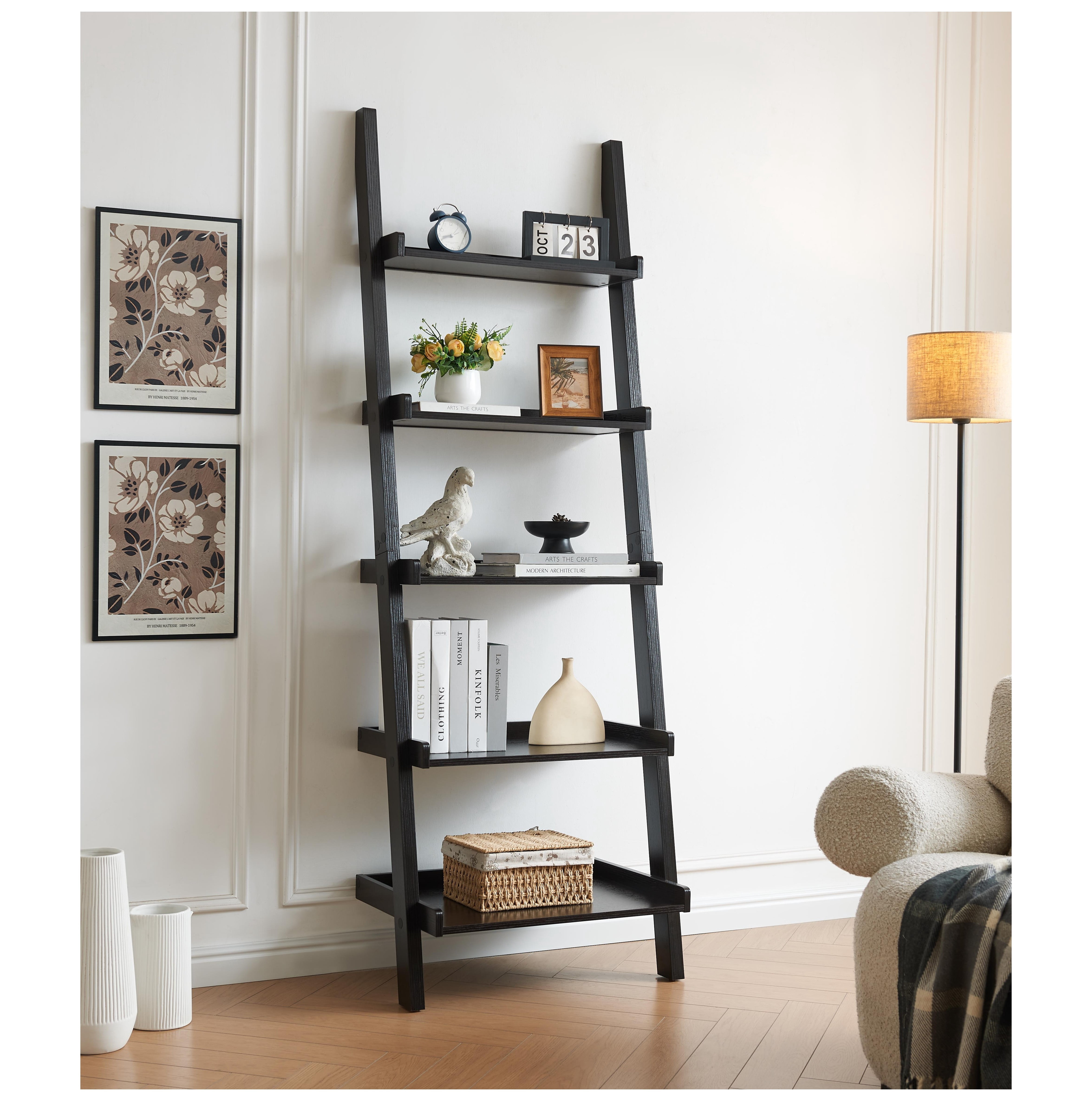 Ladder Bookshelf 5 Shelf Modern Design - Multi-Depth Shelves with ...