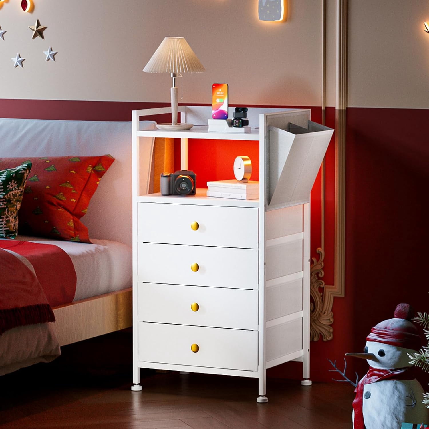 White Dresser with Charging Station, Tall Nightstand with Led Light ...