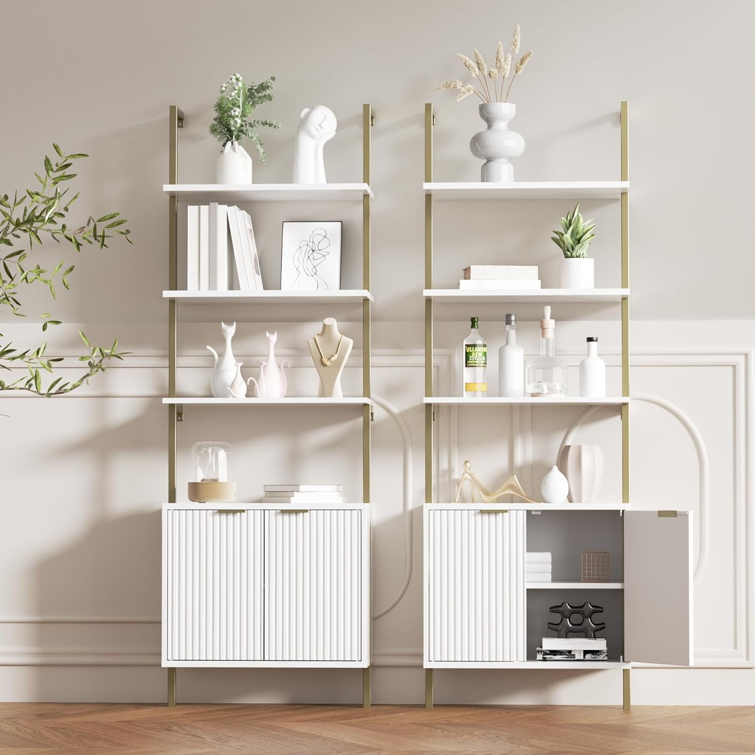 Ladder Bookshelf with Cabinet, 6 Tier Wall Mount Ladder Bookcase with ...
