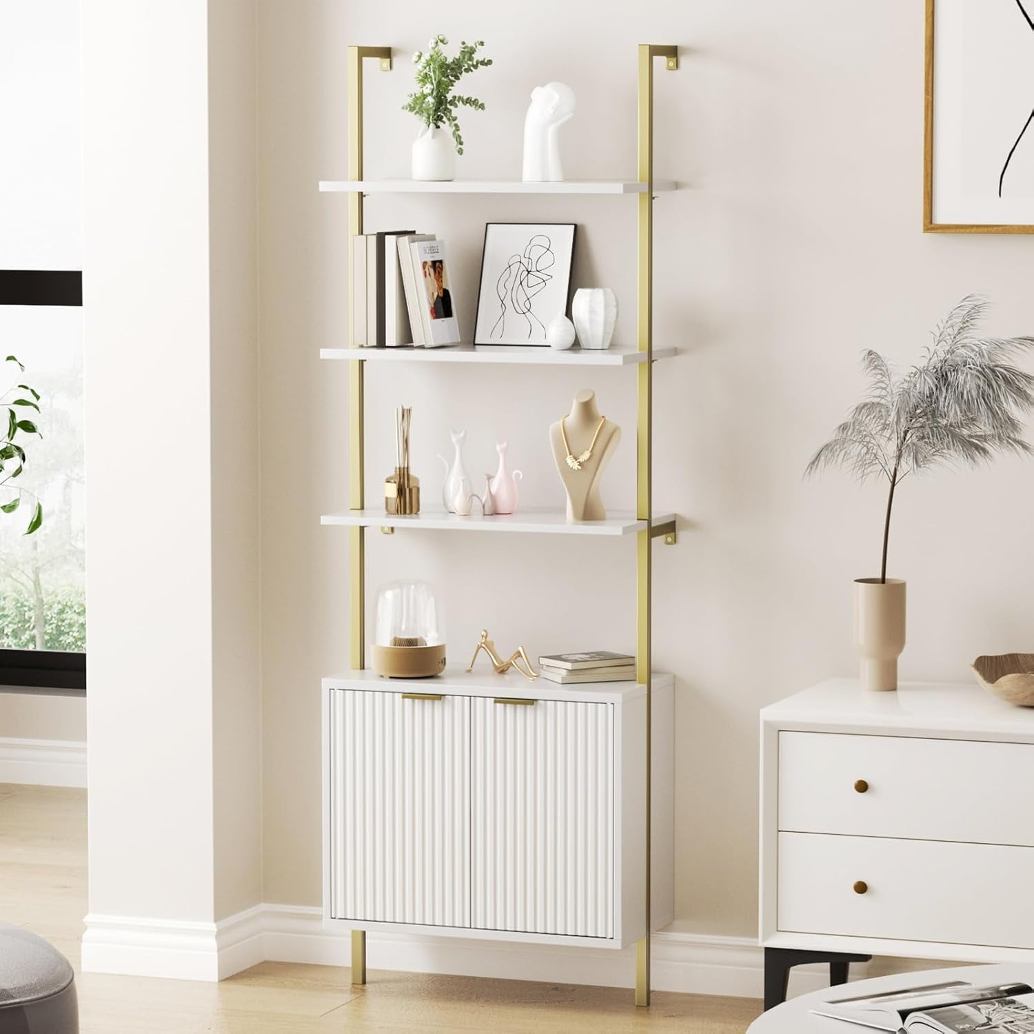 Ladder Bookshelf with Cabinet, 6 Tier Wall Mount Ladder Bookcase with ...