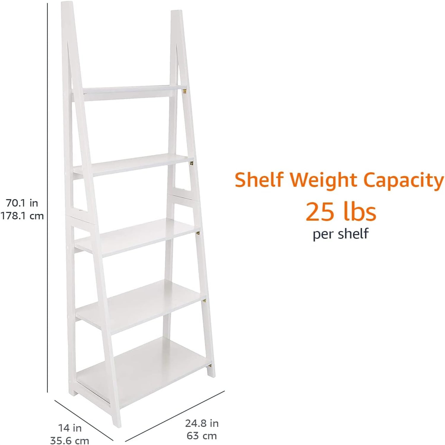 Ladder Bookshelf Organizer, 5-Tier, Solid Rubberwood Frame, White ...