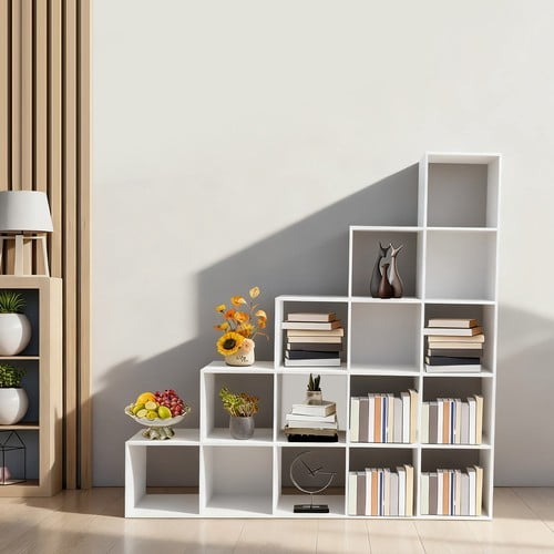 Modern Free Standing White Ladder Cube Storage Bookcase L-Shaped Corner ...
