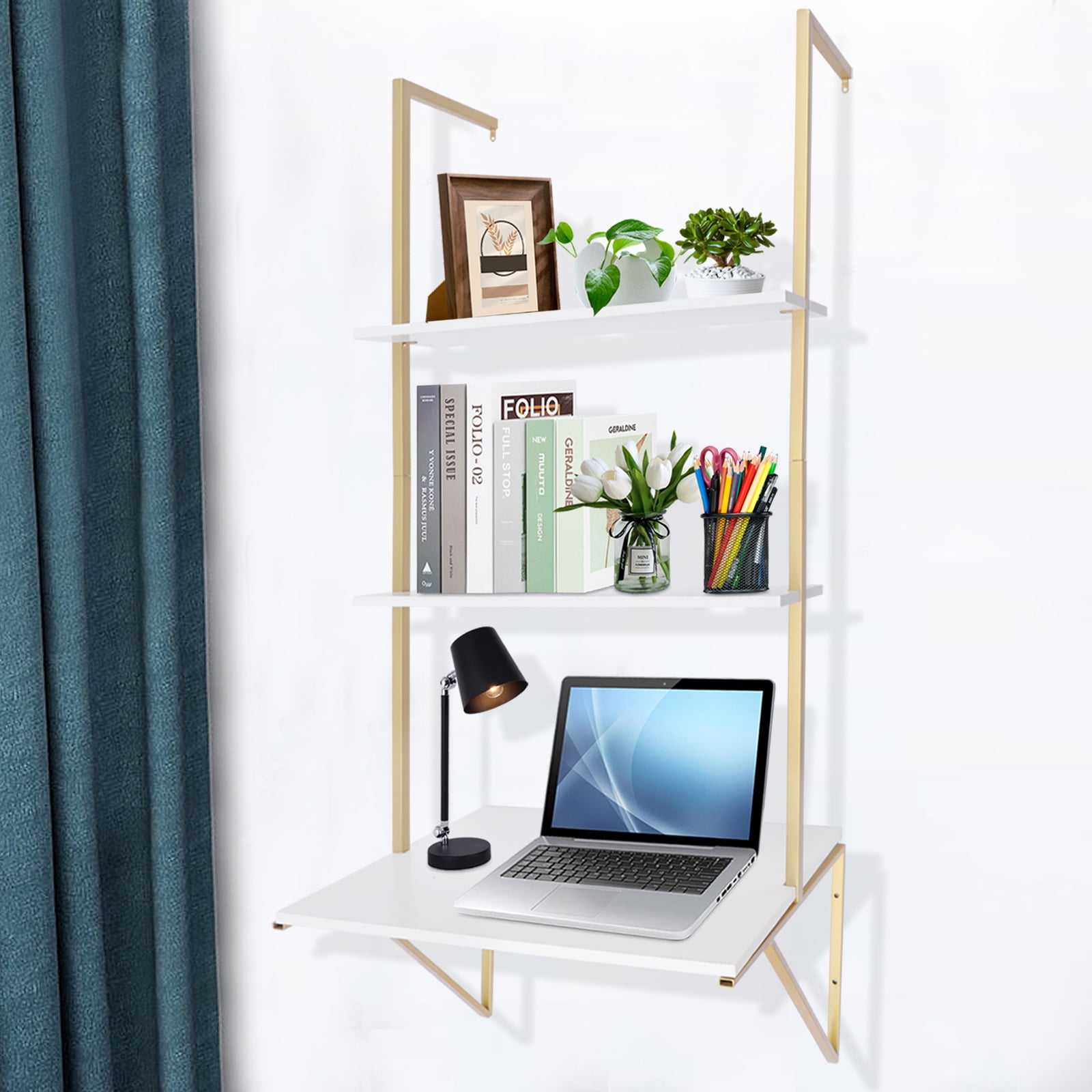 Ladder Desk Wall Mounted Shelf Floating Shelves 3 Tier Standing Desks ...