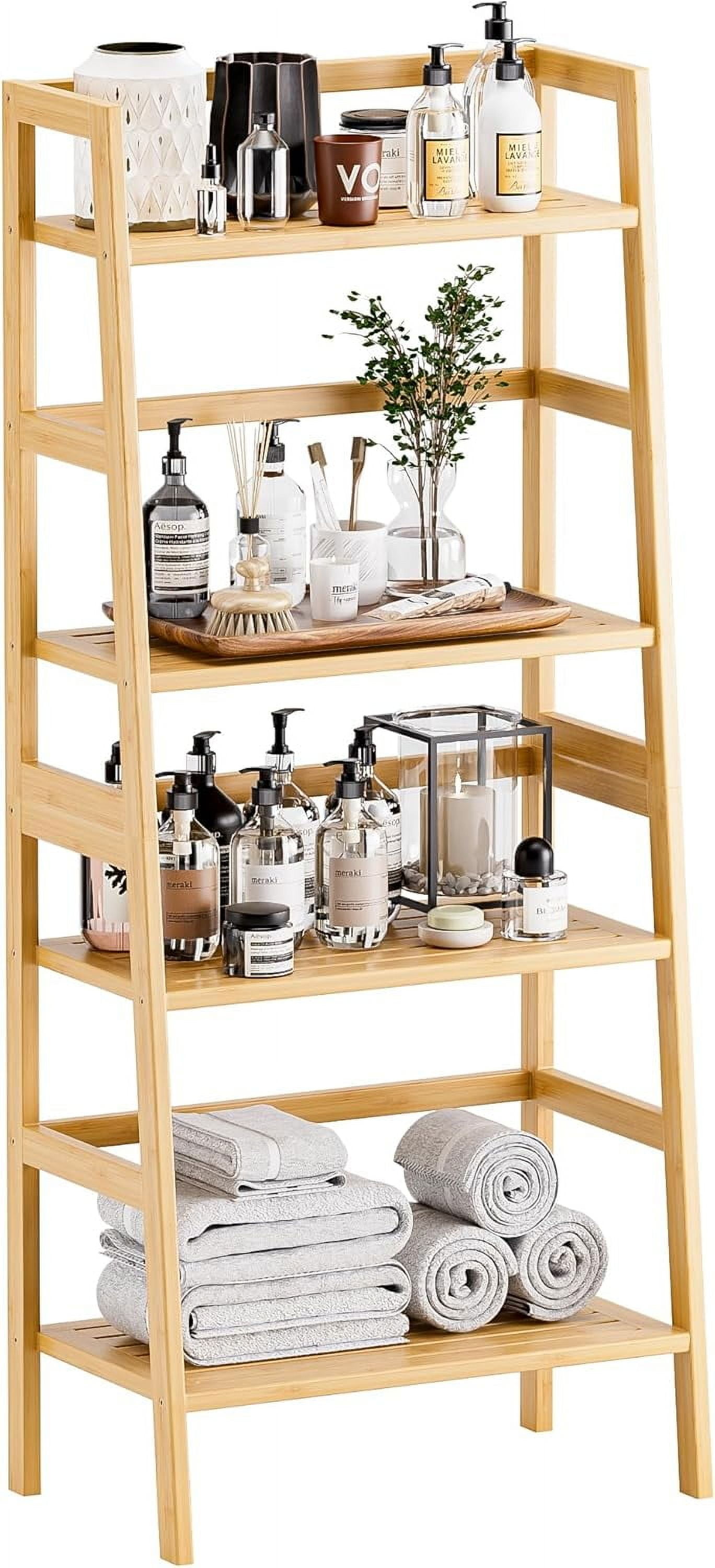 Ladder Shelf, 4-Tier Bookshelf, Bamboo Leaning Bookcase, Display ...