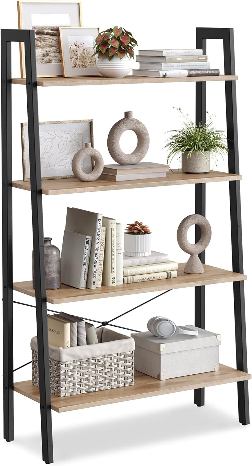 Ladder Shelf, 4-Tier Bookshelf, Storage Rack, Bookcase with Steel Frame ...
