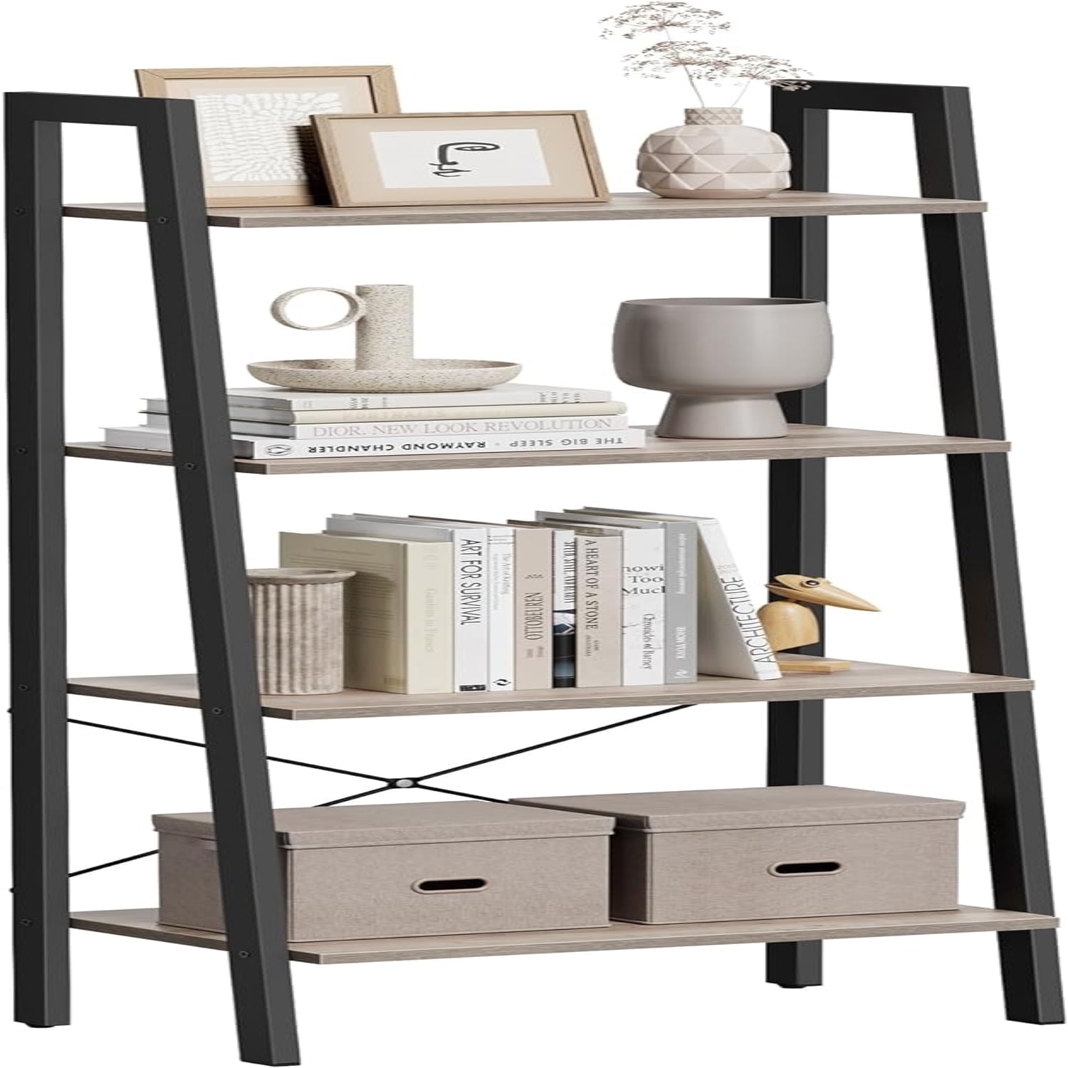 Ladder Shelf 4-Tier Bookshelf Storage Rack Bookcase with Steel Frame ...