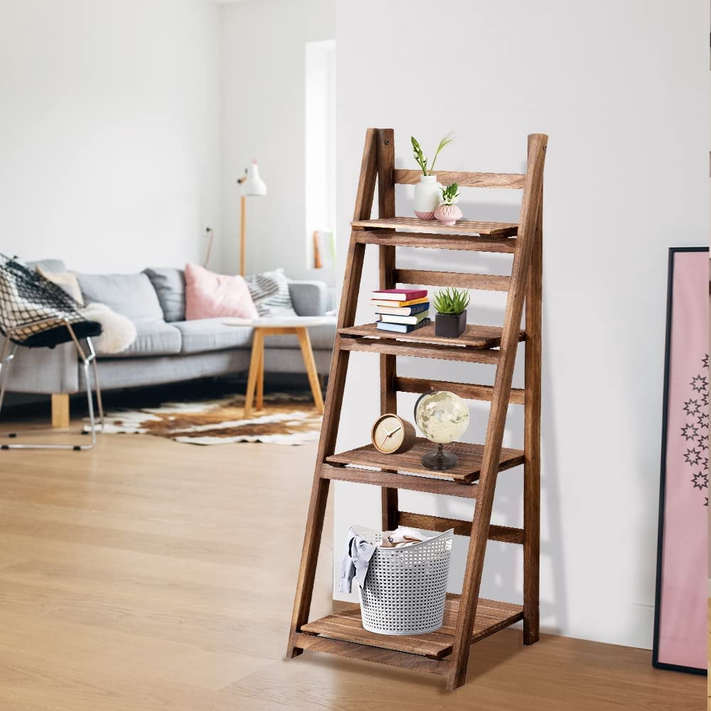Ladder Shelf 4-Tier Folding Plant Shelf Wood Ladder Shelf Flower ...