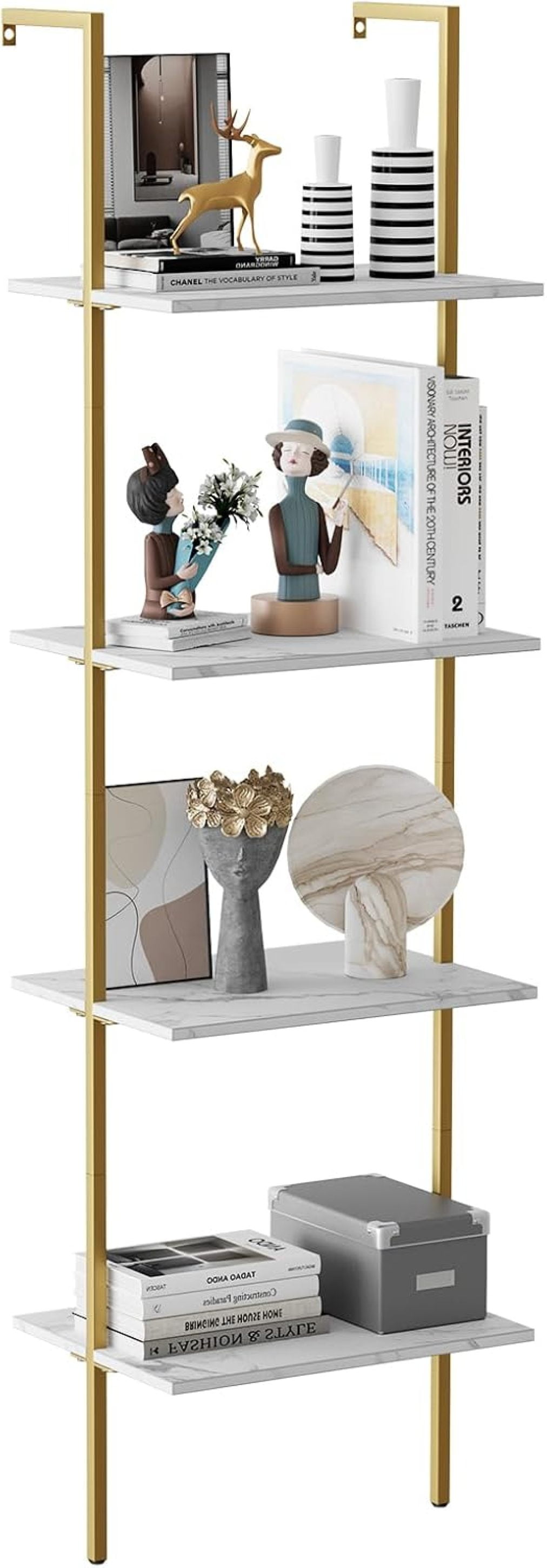 Ladder Shelf 4 Tiers Metal Industrial Bookshelf,White Marble Wood Tall ...