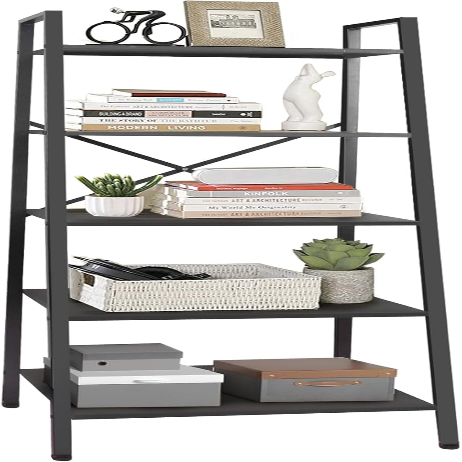 Ladder Shelf 5 Tier Ladder Bookshelf with Adjustable Feet Industrial ...