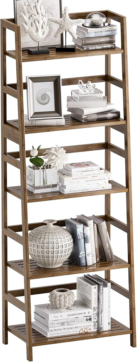 Ladder Shelf, 5-Tier Bookshelf, All Bamboo Heavy Duty Bookcase ...