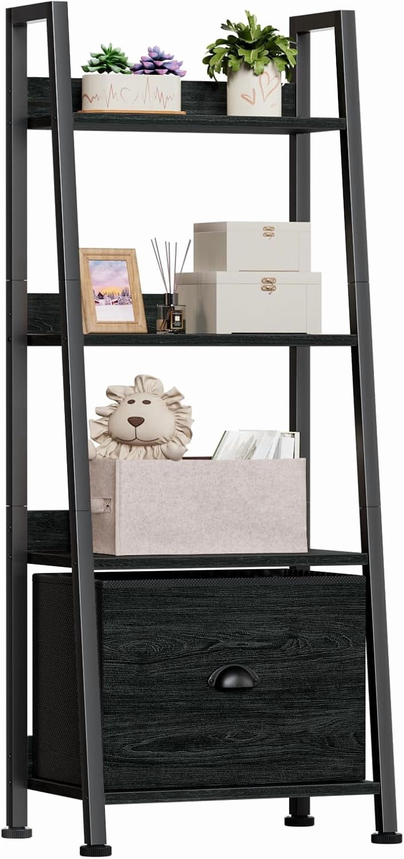 Ladder Shelf, 5 Tier Bookshelf with Fabric Drawer, Rustic Brown ...