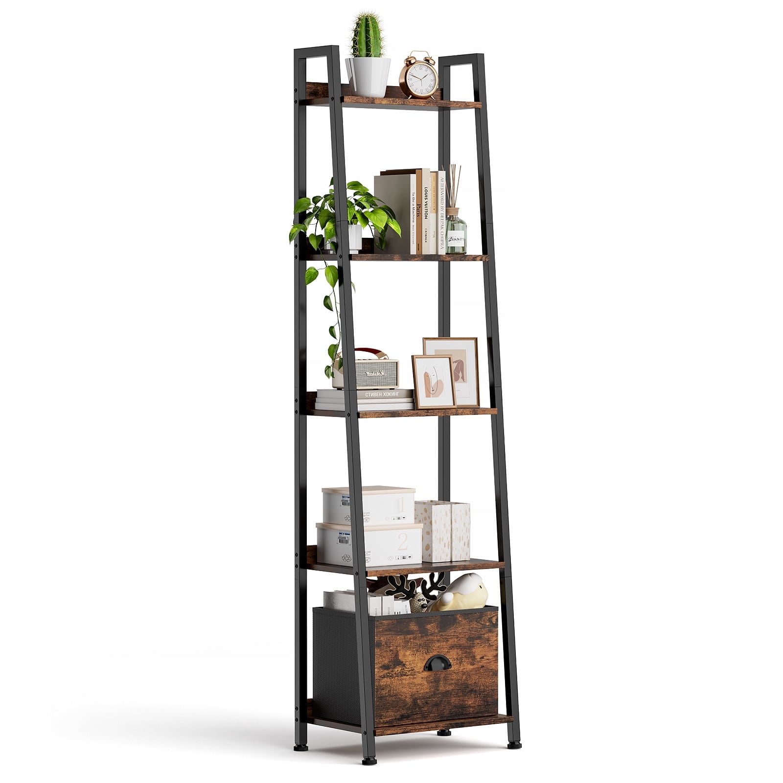 Ladder Shelf, 5-Tier Upgraded Elevated Ladder Bookshelf with Drawer, 63 ...