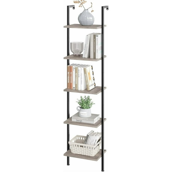 Ladder Shelf, 5-Tier Wood Wall Mounted Bookshelf with Metal Frame ...