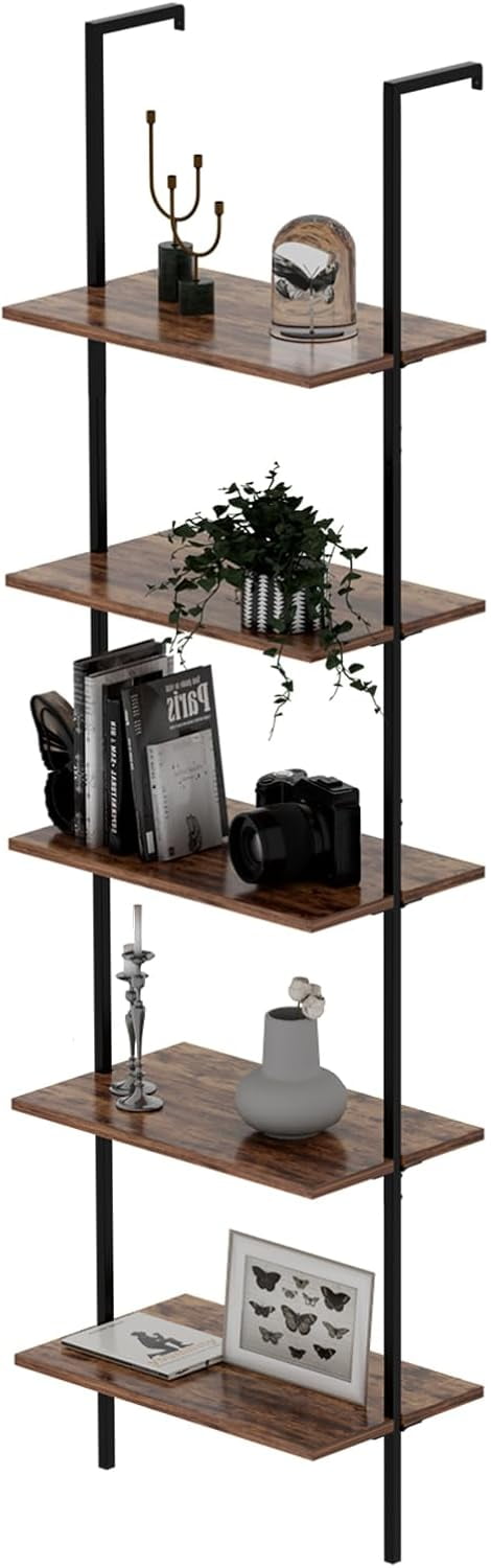 Ladder Shelf 5 Tiers Metal Industrial Bookshelf, Rustic Brown Wood Tall ...