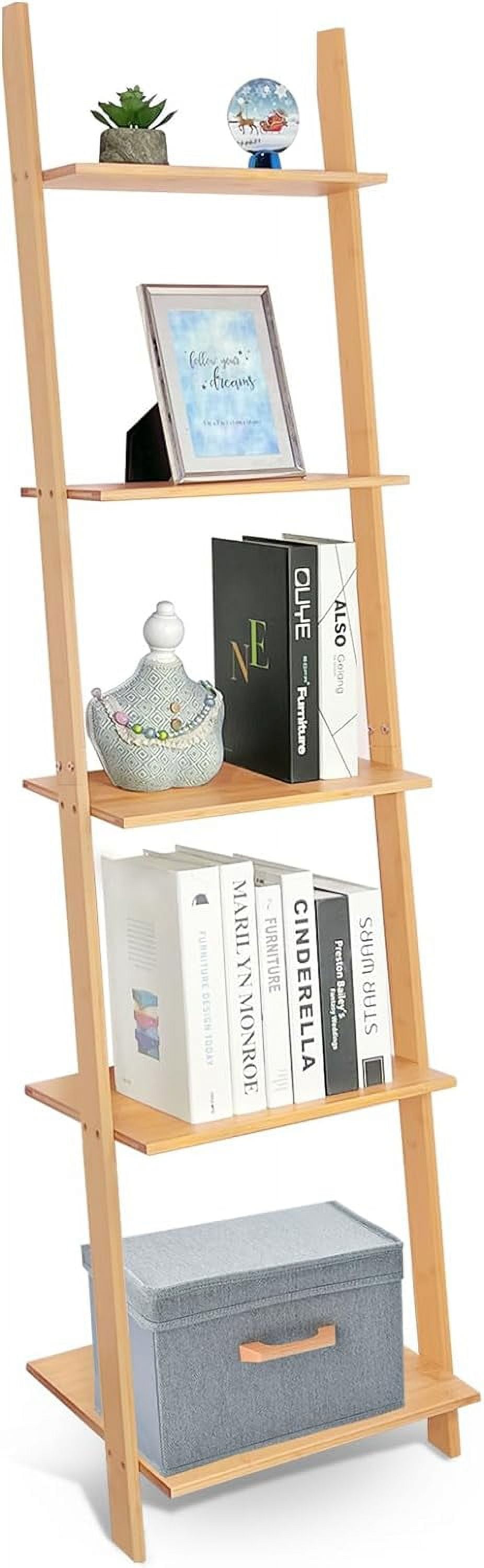 Ladder Shelf Bookcase,5-Tier Bamboo Storage Rack Shelves Wall Leaning ...
