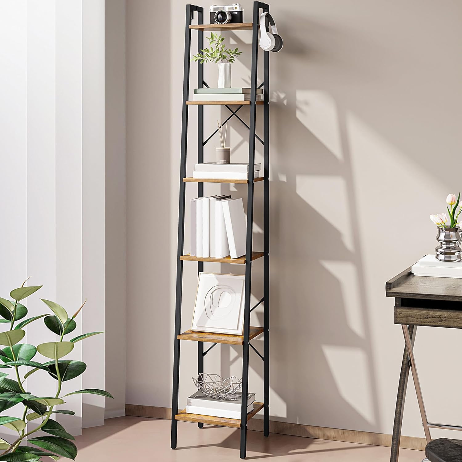 Ladder Shelf, Bookshelf Bookcase, Freestanding Corner Storage Shelve ...