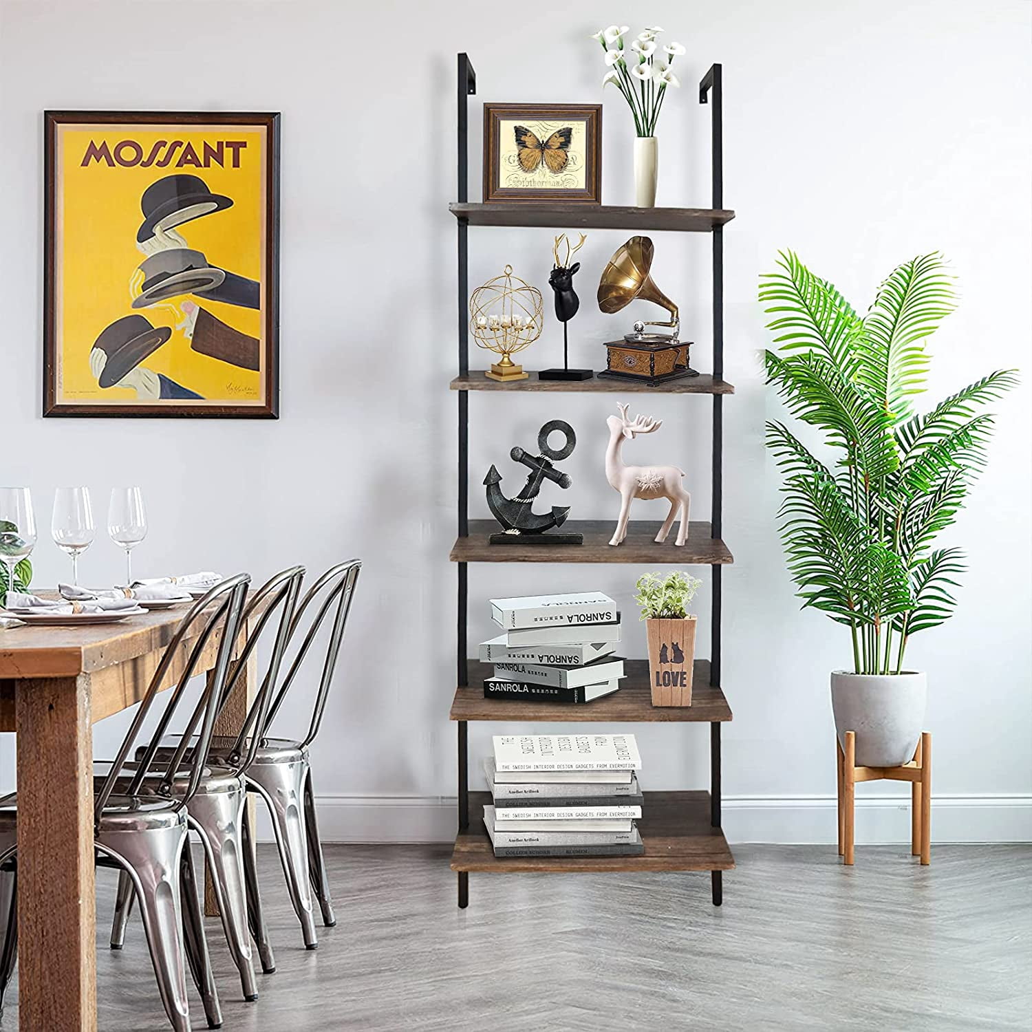 Ladder Shelf Open Bookshelf 5-tier Wood Wall-mounted Bookcase Storage ...