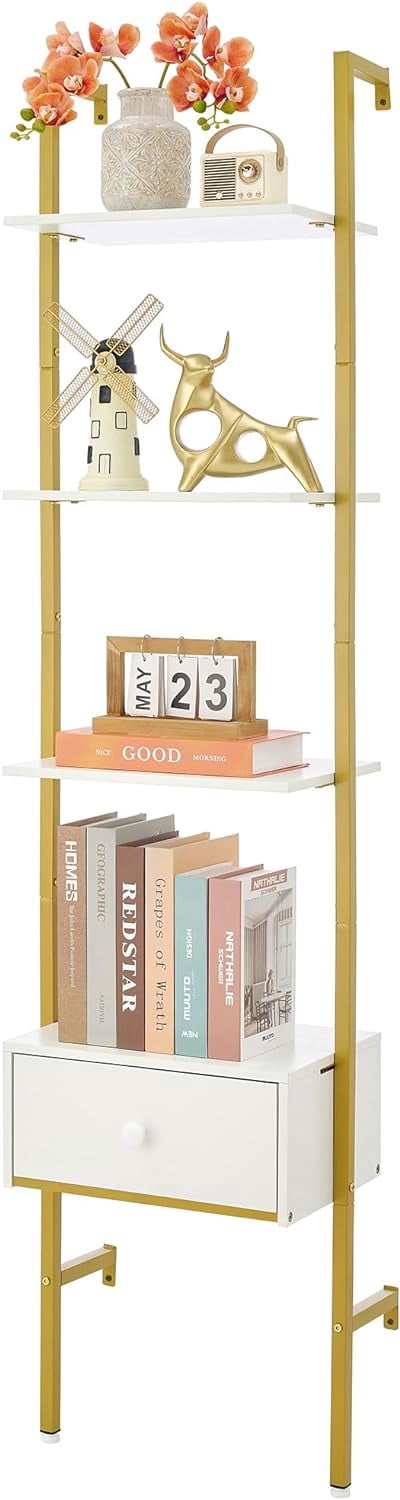 Ladder Shelf, Tall Bookcase with Storage Drawers, 4-Tier Wood Wall ...