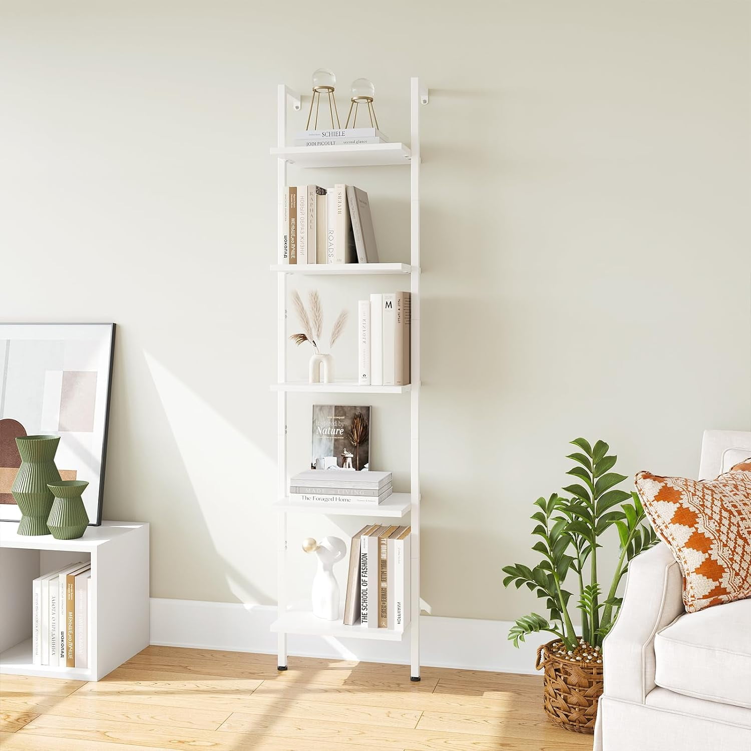 Ladder Shelf, White 5-Tier Wood Wall Mounted Bookshelf with Metal Frame ...