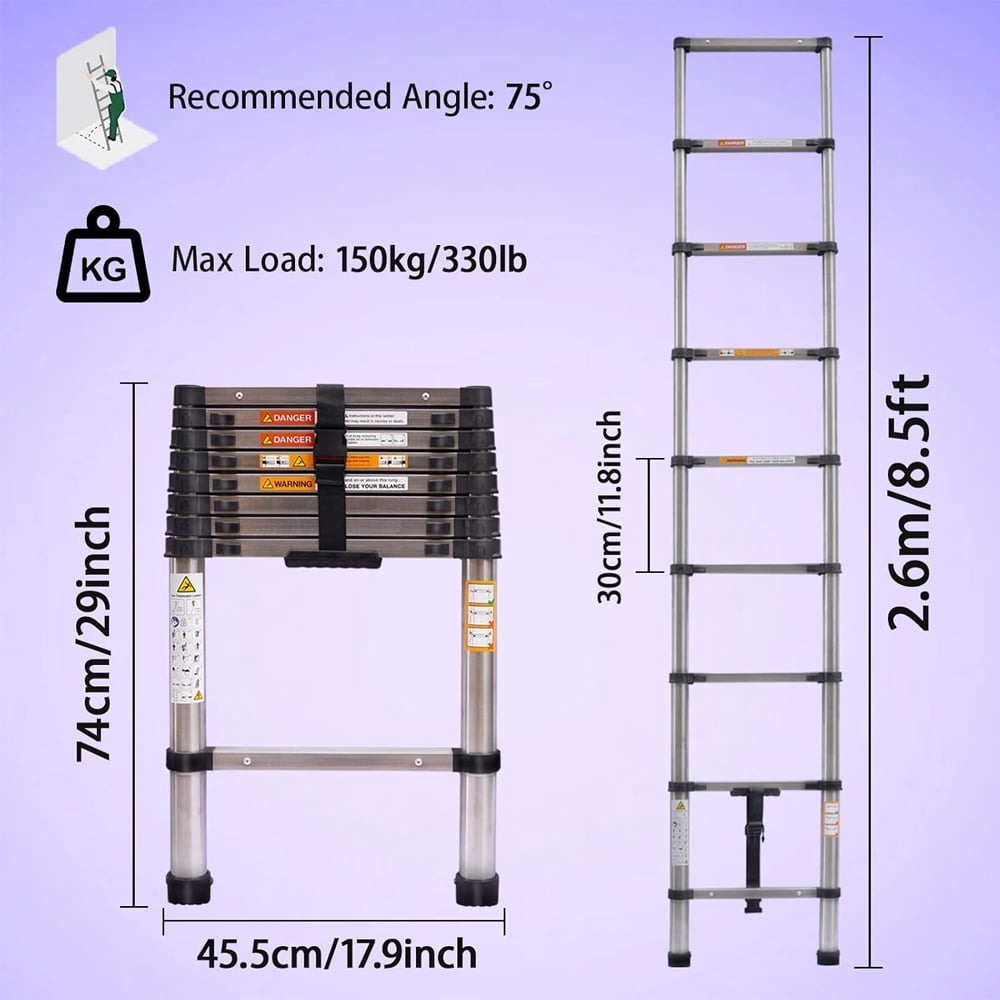 Ladders Extendable Telescopic 2.6M-5M Heavy Duty Multi Purpose Straight ...