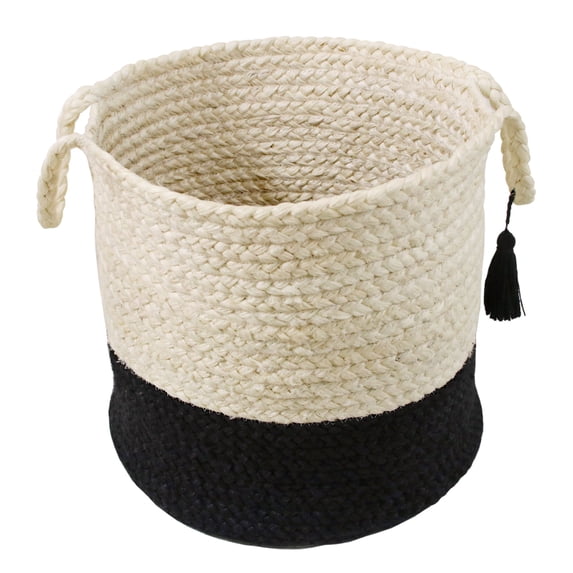 Laddha Home Designs 17" Ivory and Black Hand Woven Tasseled Storage ...