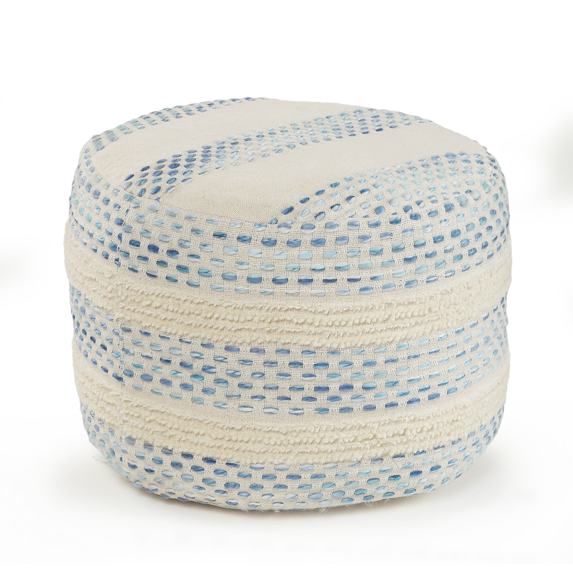 Laddha Home Designs 18" Blue and Cream Tufted Pin Dot Round Pouf ...