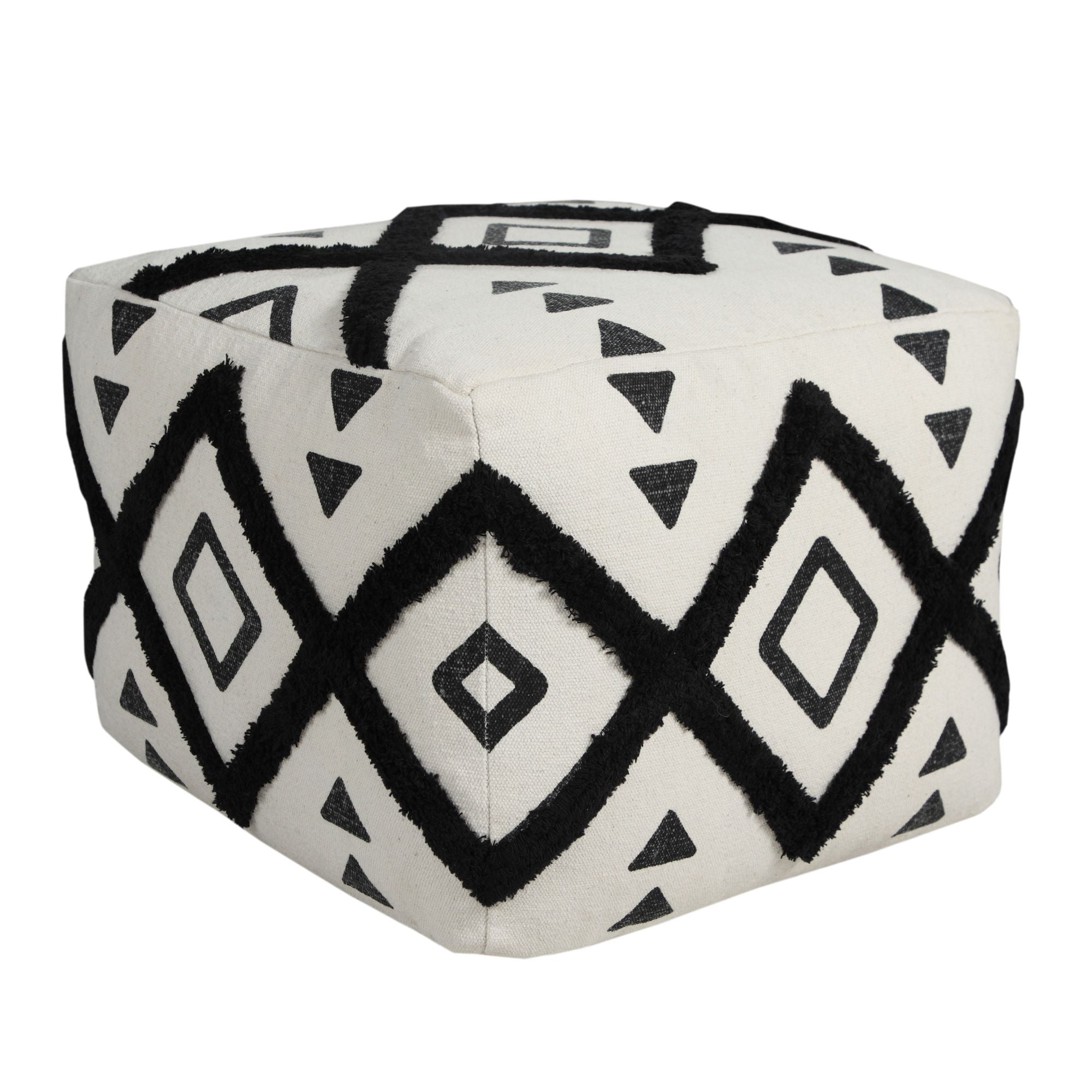 Laddha Home Designs 18" White and Black Double Diamond Square Pouf ...