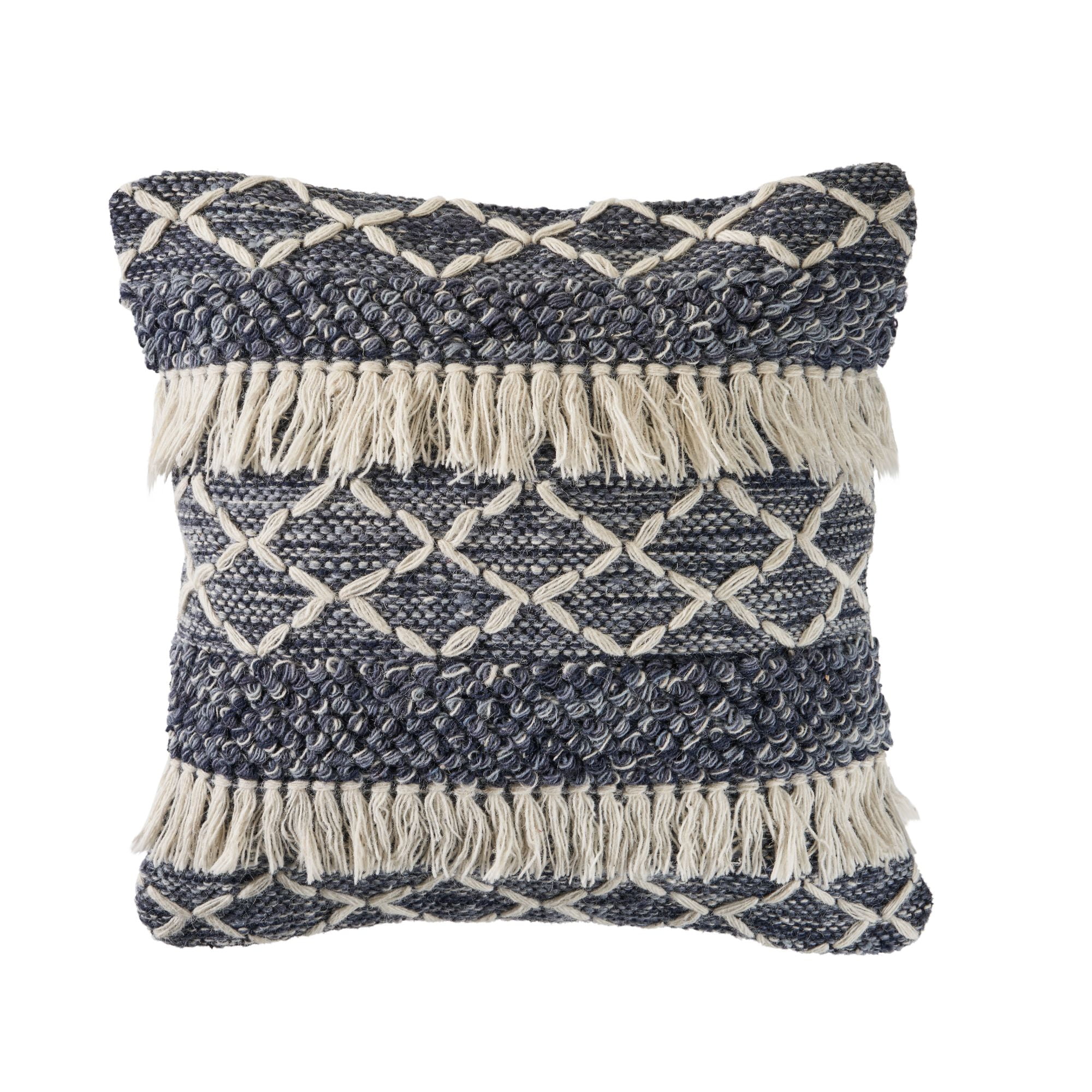 Laddha Home Designs 20" Navy Blue and Off White Textured with Fringe ...