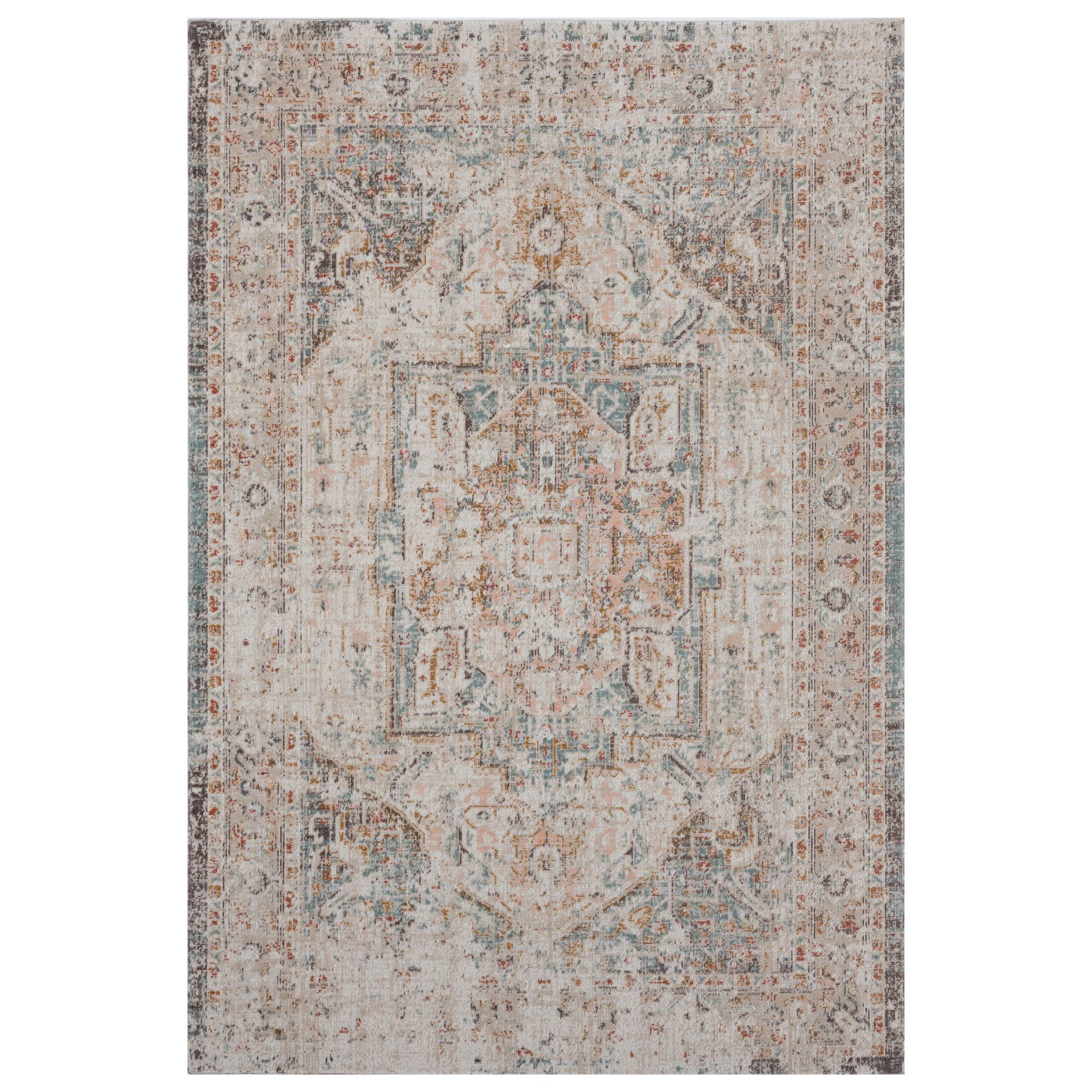 Laddha Home Designs 5.25' x 7.75' Beige and Brown Distressed Medallion ...