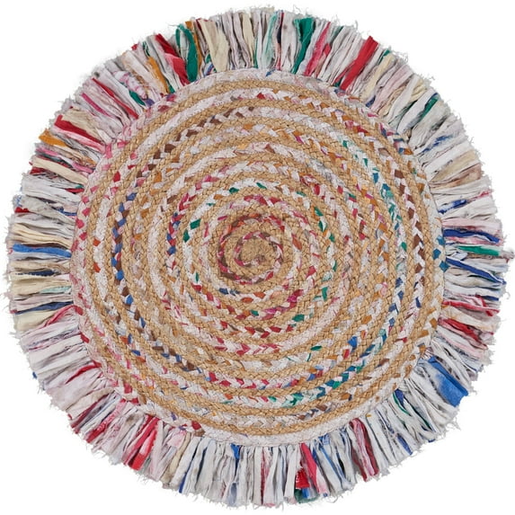Laddha Home Designs 5.5' White and Red Fringed Chindi Handmade Round ...