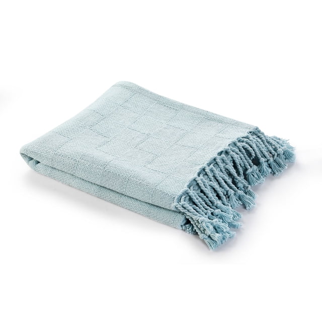 Laddha Home Designs Blue Checkered Weave Fringed Throw Blanket 50" x 60 ...