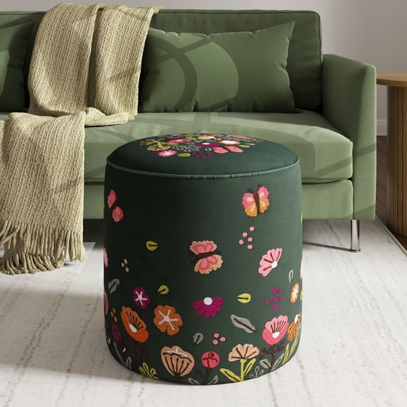Laddha Home Designs Handmade Floral Embroidered Round Pouf Ottoman - 18 ...