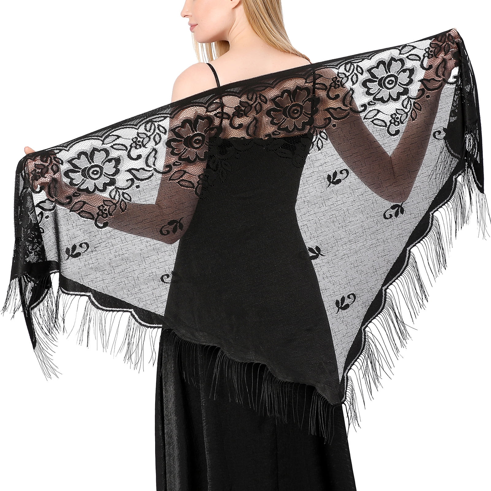 Ladiery Lace Triangle Shawl Wrap with Tassels for Evening Dresses and ...