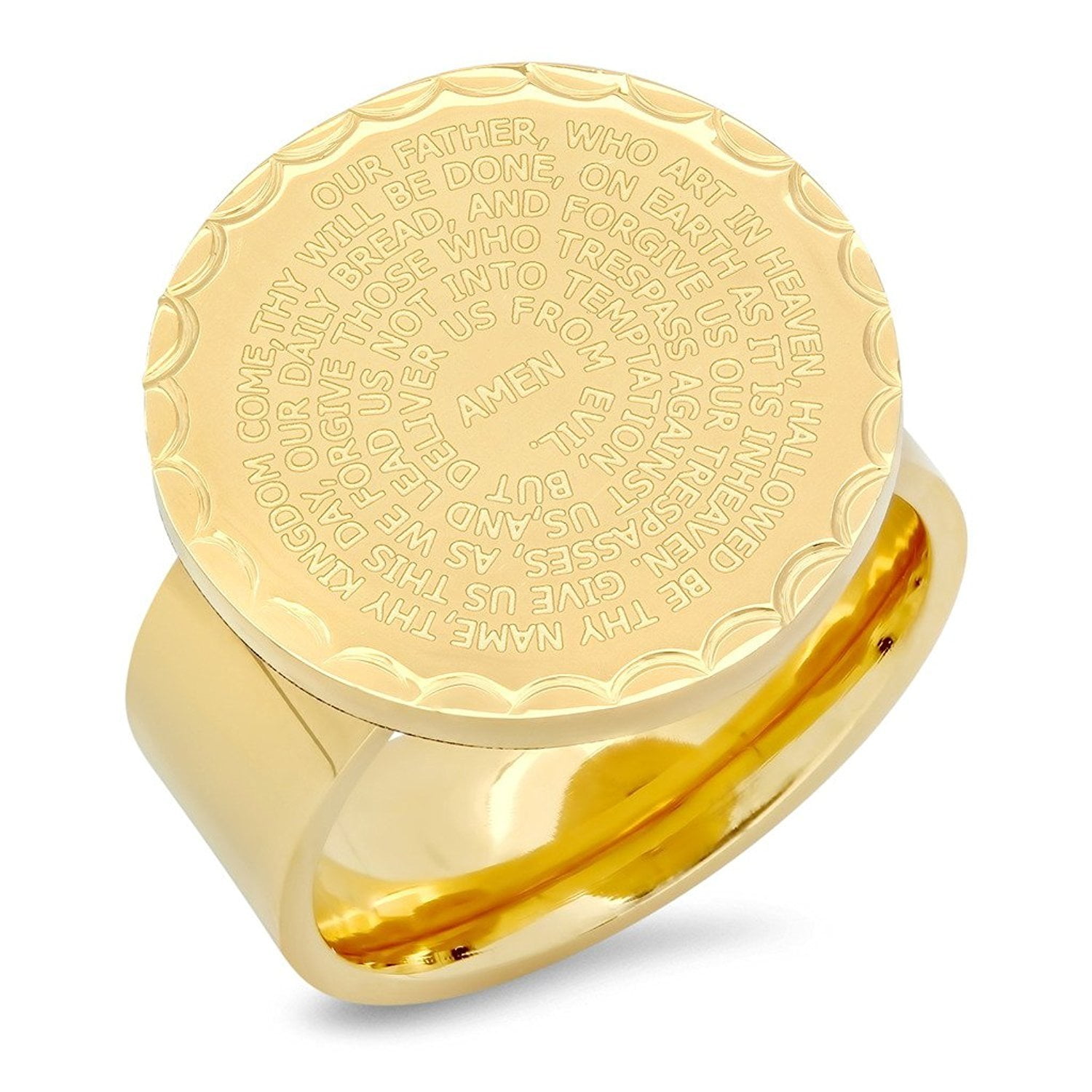 Ladies 18k Gold Plated Stainless Steel Our Father Prayer Ring Circle ...